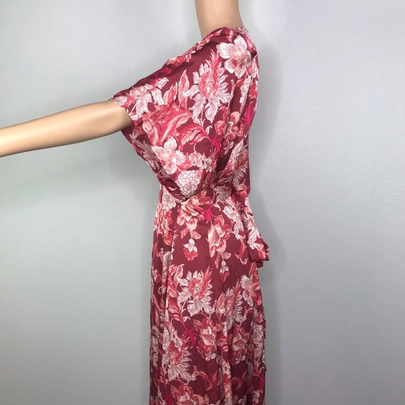 Aakaa | Dresses | Floral Print Textured Satin Kimono Wrap Maxi Dress ...